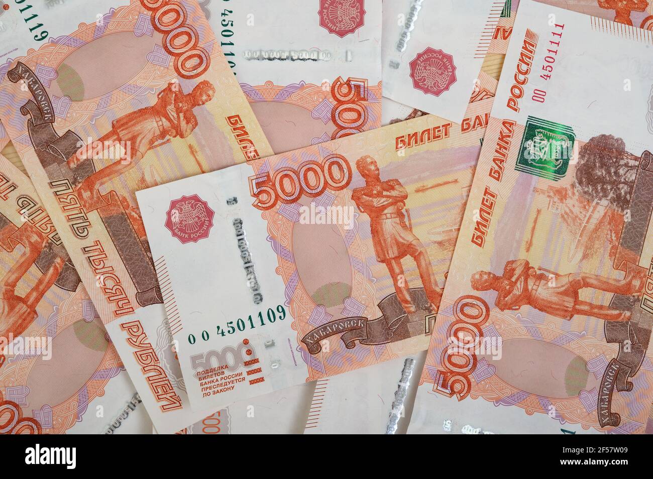 5000 rubles background. Russian banknotes at different angles Stock ...