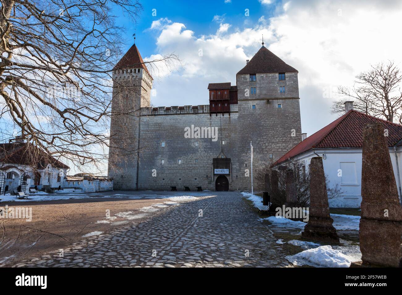 Front view the Kuressaare Episcopal Castle at cold season. It is ...