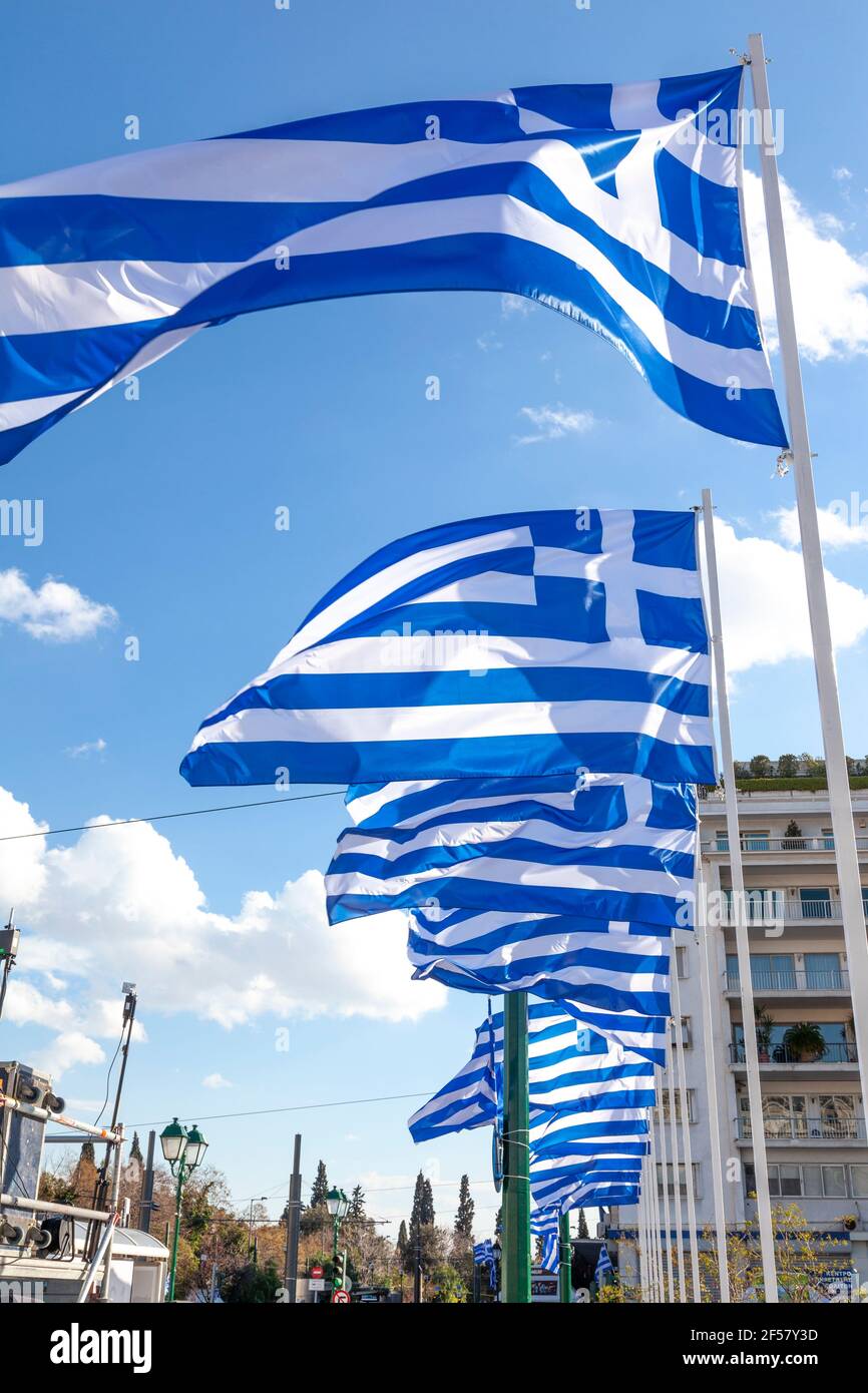 Greek flags waving in Syntagma Square, Athens, Greece, during the ...