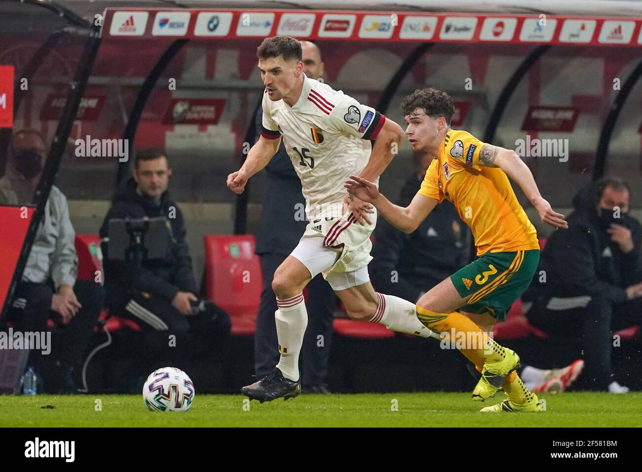 LEUVEN, BELGIUM - MARCH 24: Neco Williams of Wales and Thomas Meunier ...