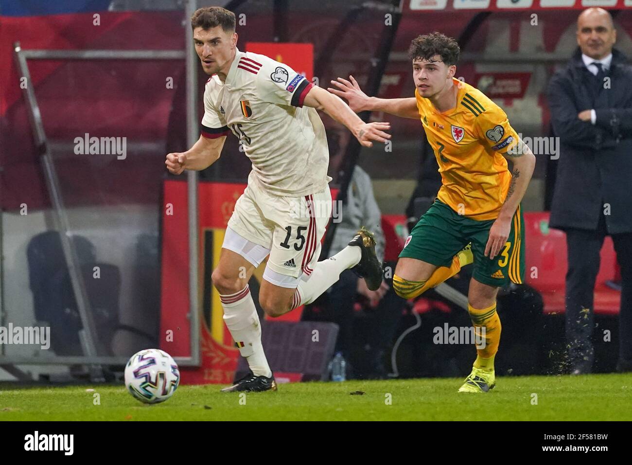 LEUVEN, BELGIUM - MARCH 24: Neco Williams of Wales and Thomas Meunier ...