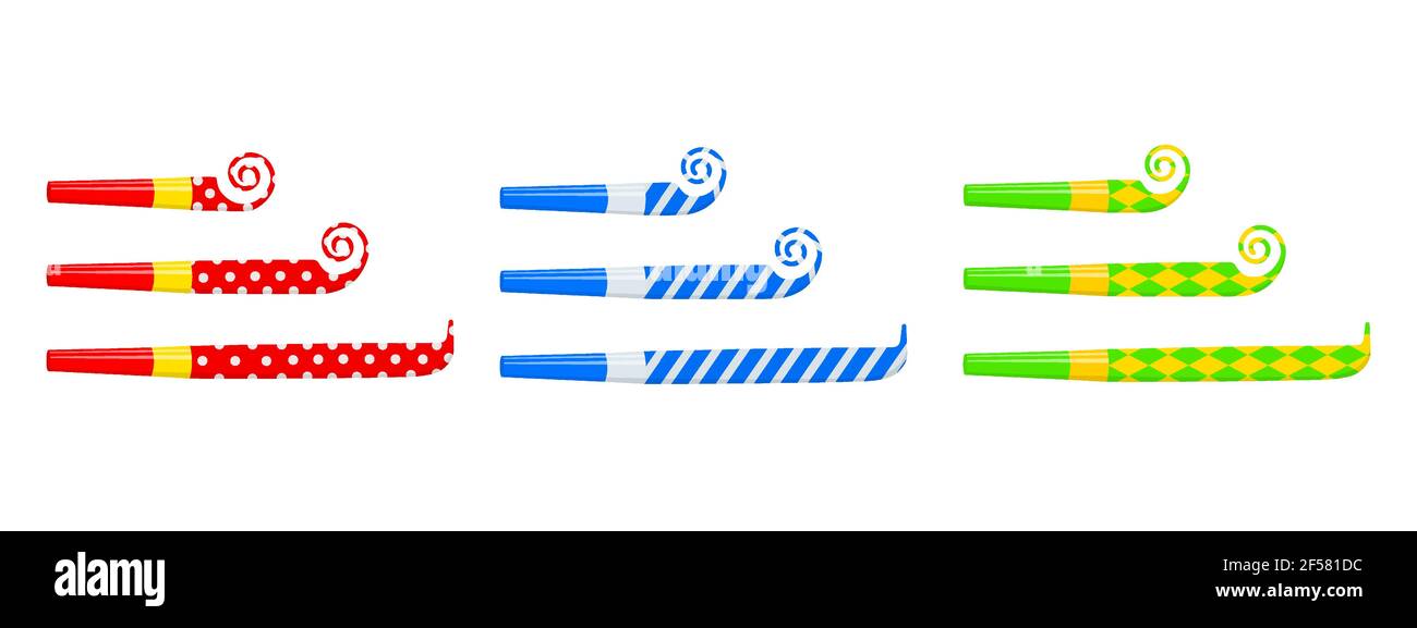 Rolled and unrolled party blowers, horns, noise makers. Collection of ...