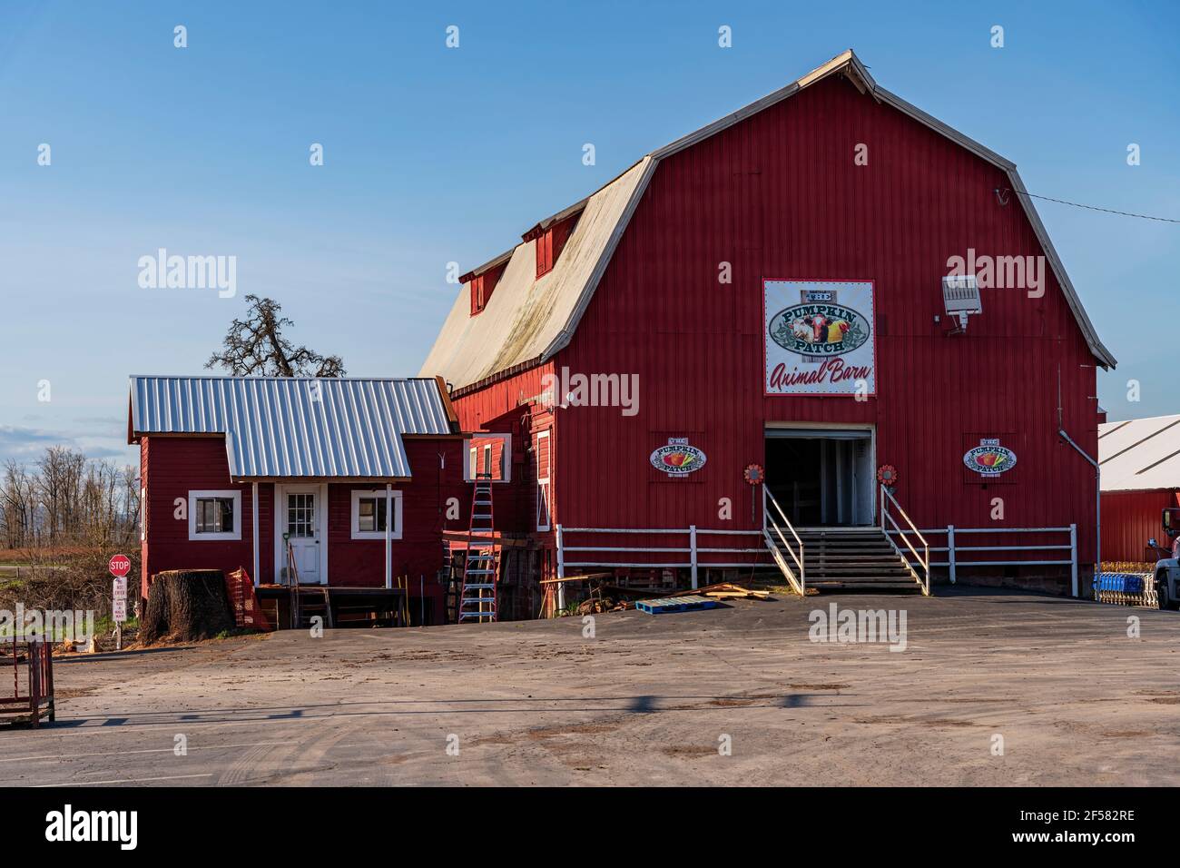Large barn and farmland in a countryside in Sauvie Island Oregon state ...