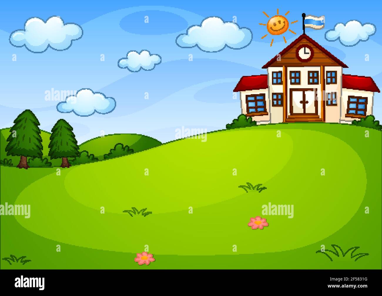 School with green meadow scene cartoon style illustration Stock Vector ...