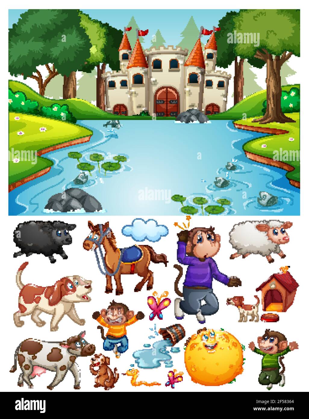 Castle in the forest scene with isolated cartoon character and objects ...