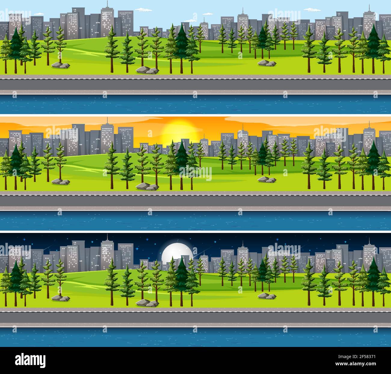 Park landscape in different time in a day illustration Stock Vector ...
