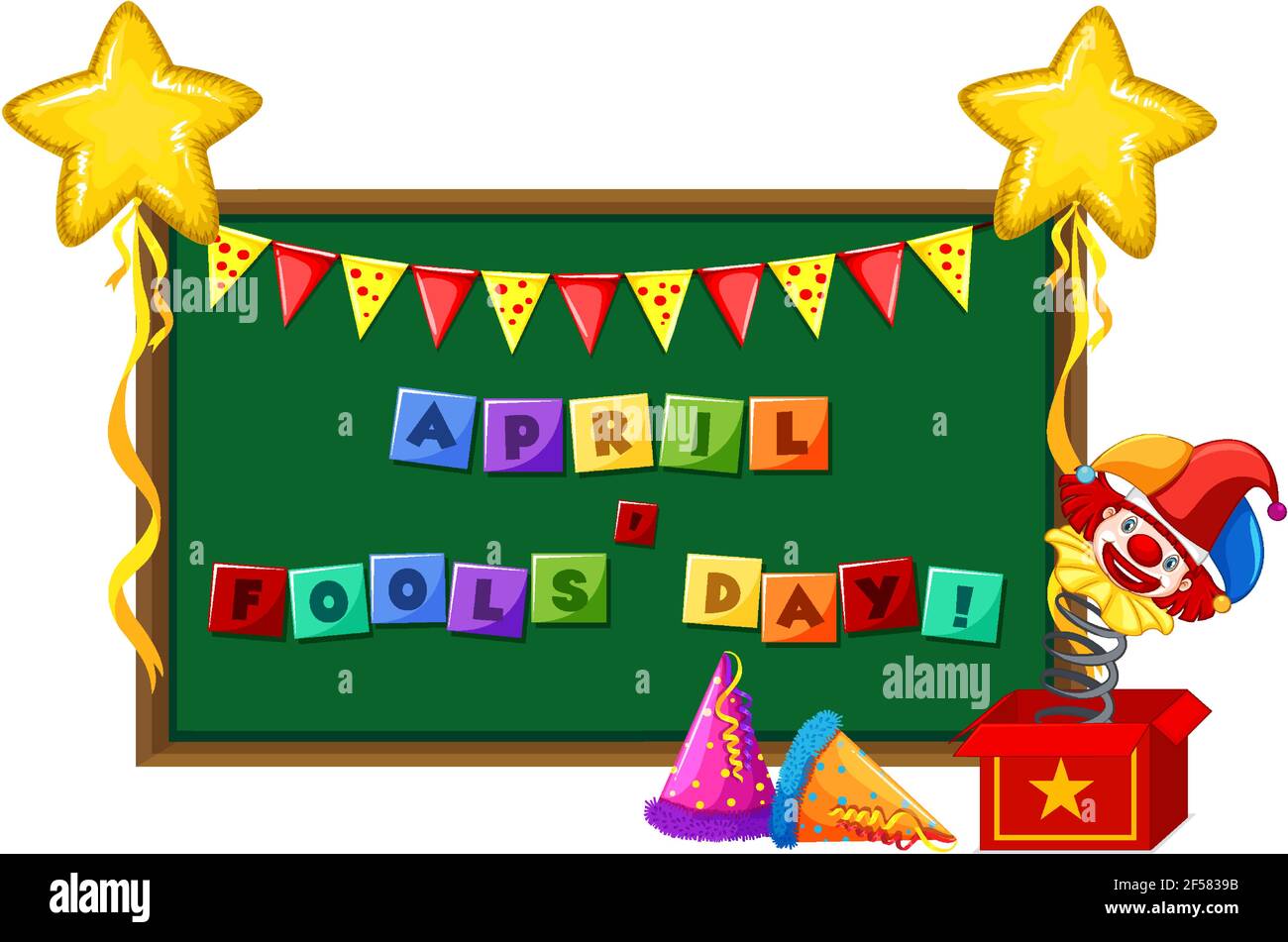 April Fool's Day font logo on chalkboard with Jester illustration Stock ...