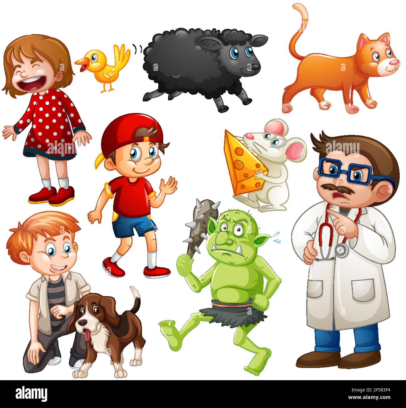 Set of fantasy cartoon character and animal isolated on white ...