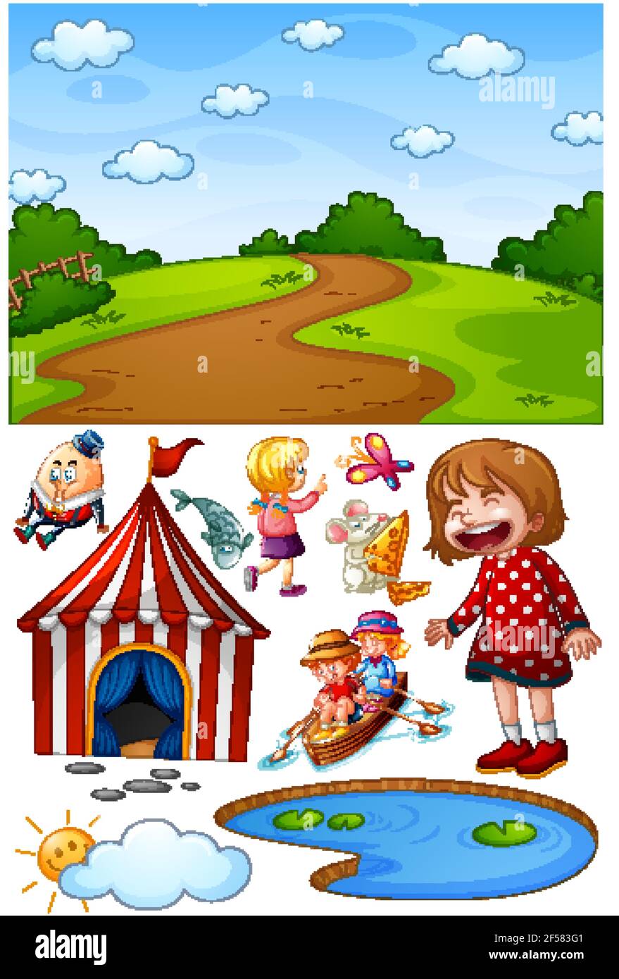 Blank nature scene with isolated cartoon character and objects ...