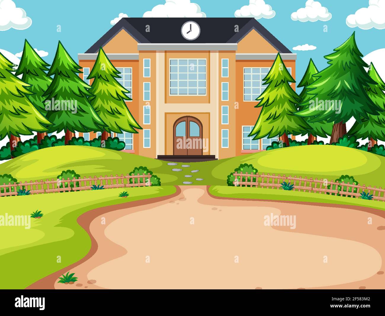 Outdoor scene with school building and nature elements illustration ...
