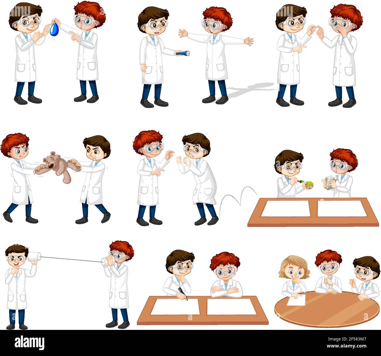 Set of young scientist in different poses cartoon character ...
