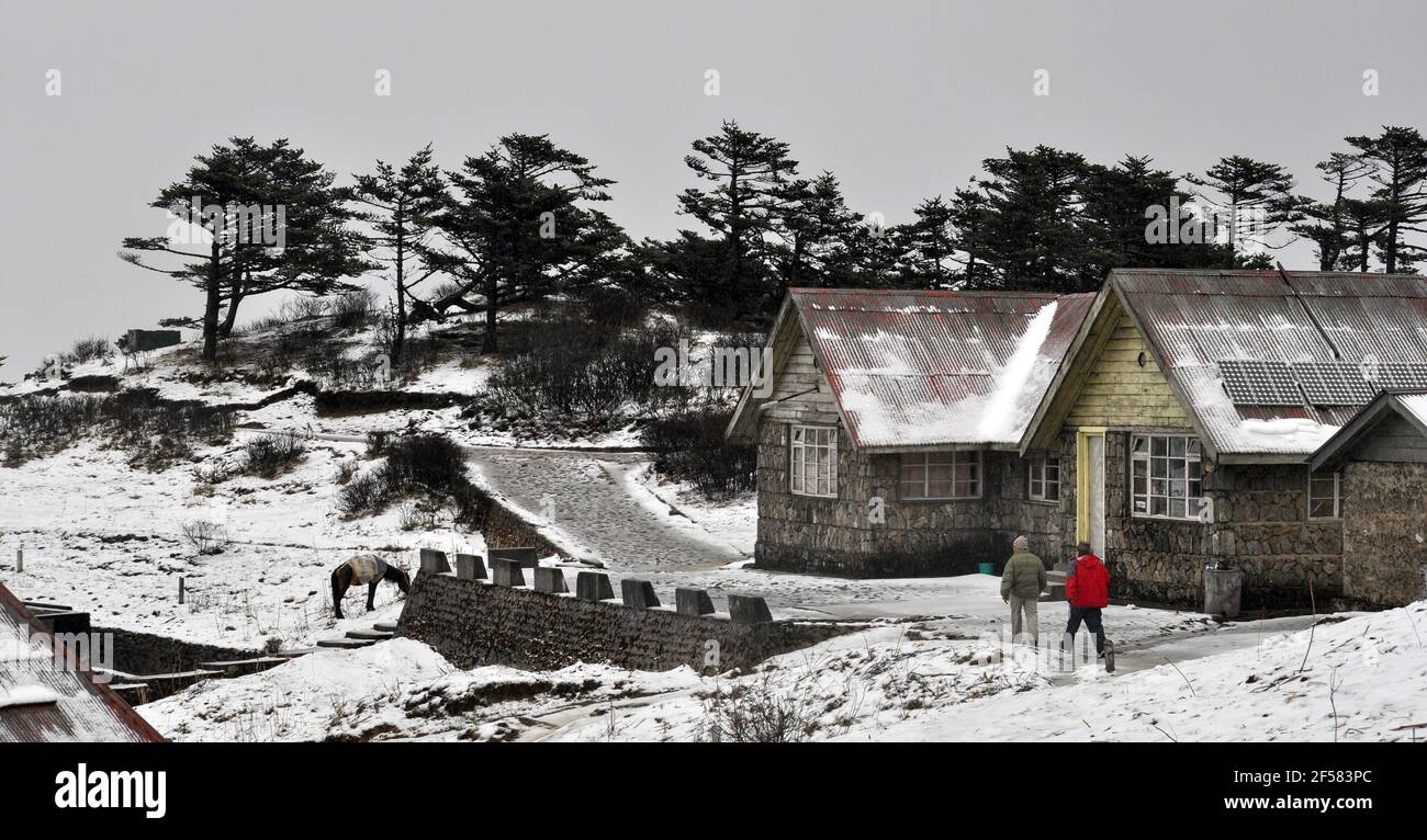 Winter landscape, covered with snow, in the Himalayan remote village ...