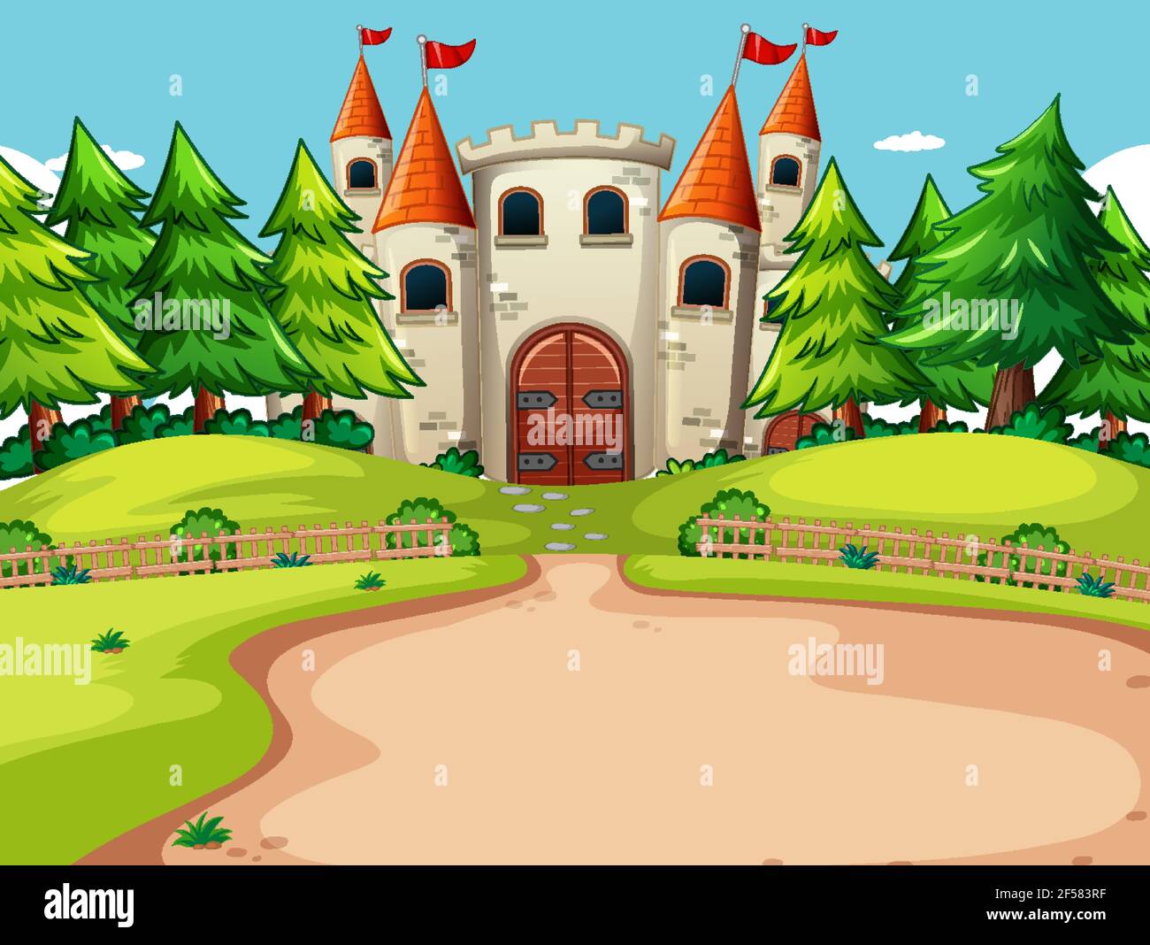 Outdoor scene with big castle and nature elements illustration Stock ...
