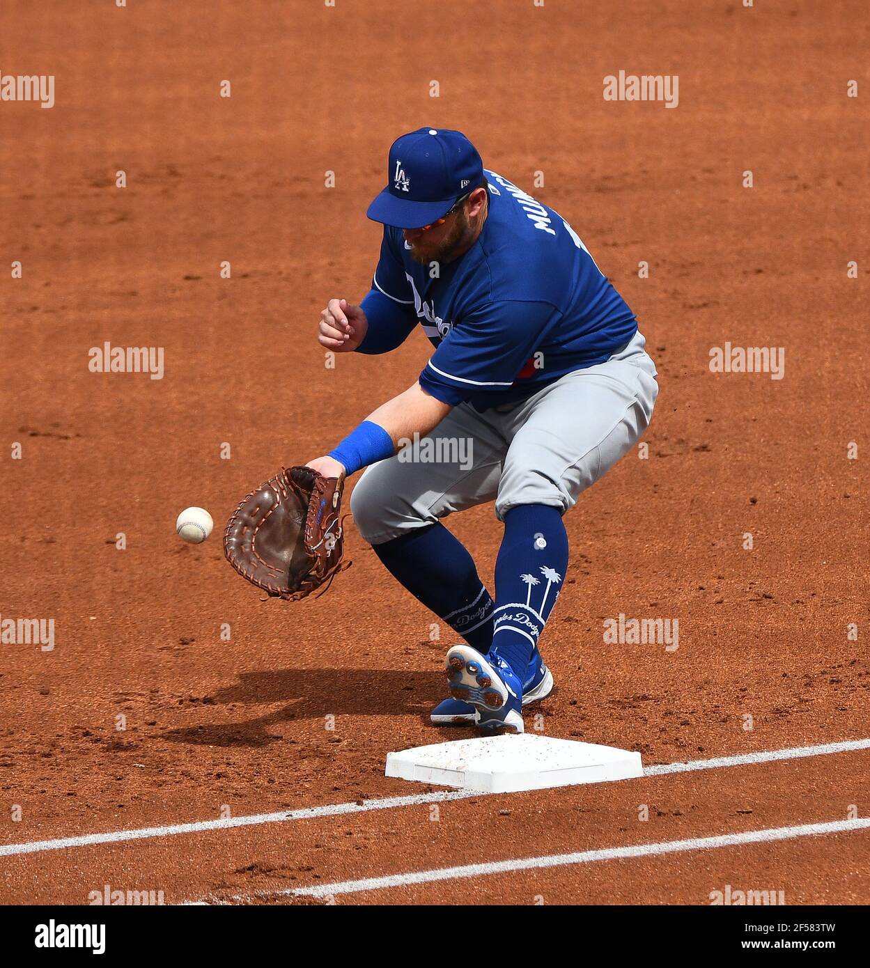 Max Muncy of the Los Angeles Dodgers makes a play during a MLB spring ...
