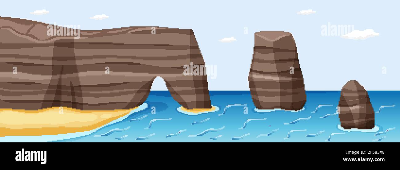 Beach nature scene with big stone cliff illustration Stock Vector Image ...