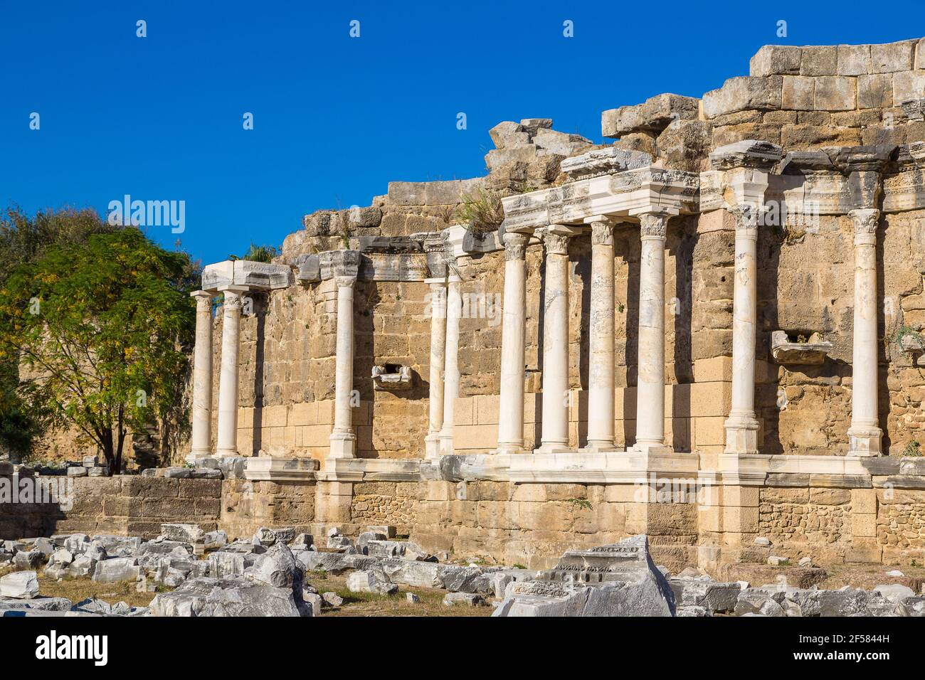 Ruins of agora, ancient city in Side in a beautiful summer day, Antalya ...
