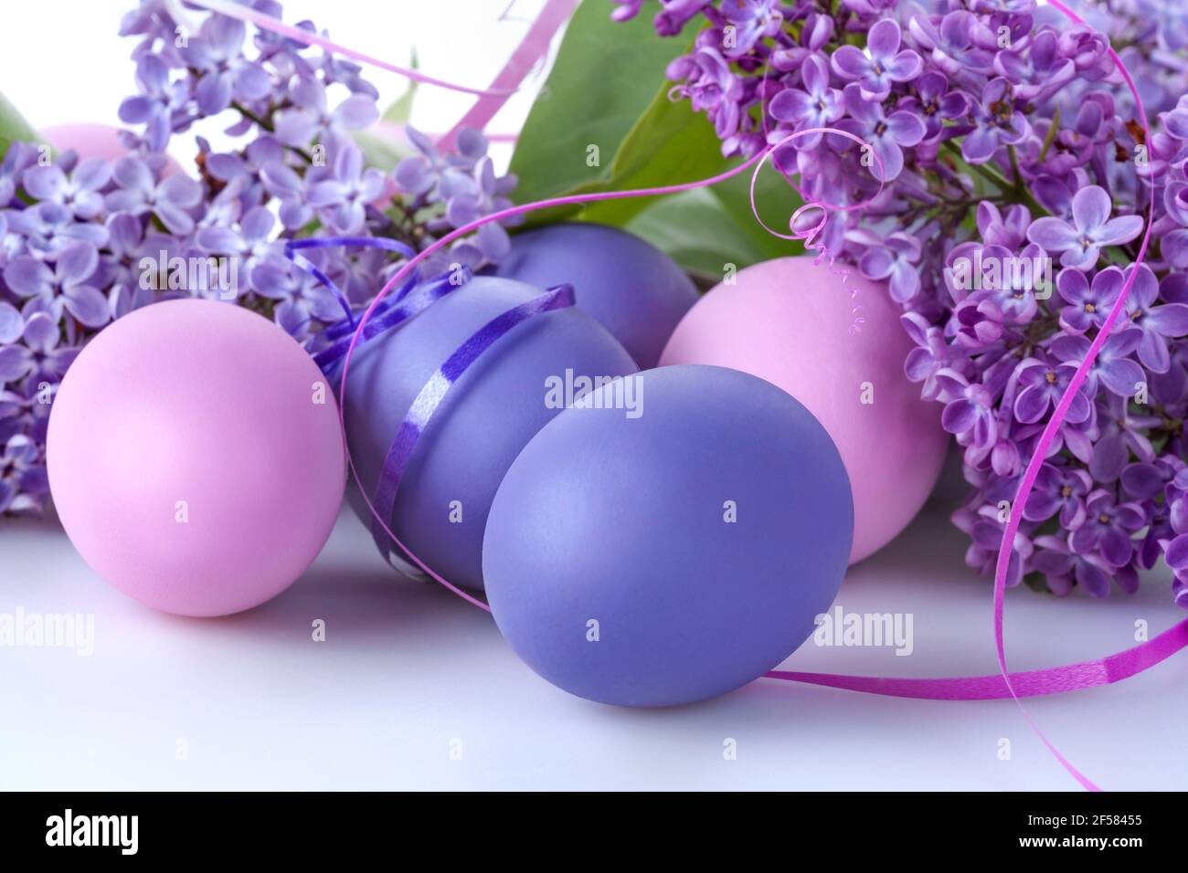 Colorfully Easter eggs with lilac flowers on a white background Stock ...