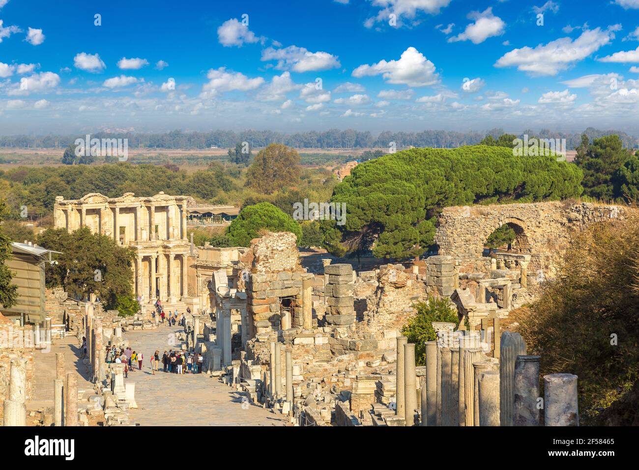 Ruins of Celsius Library in ancient city Ephesus, Turkey in a beautiful ...