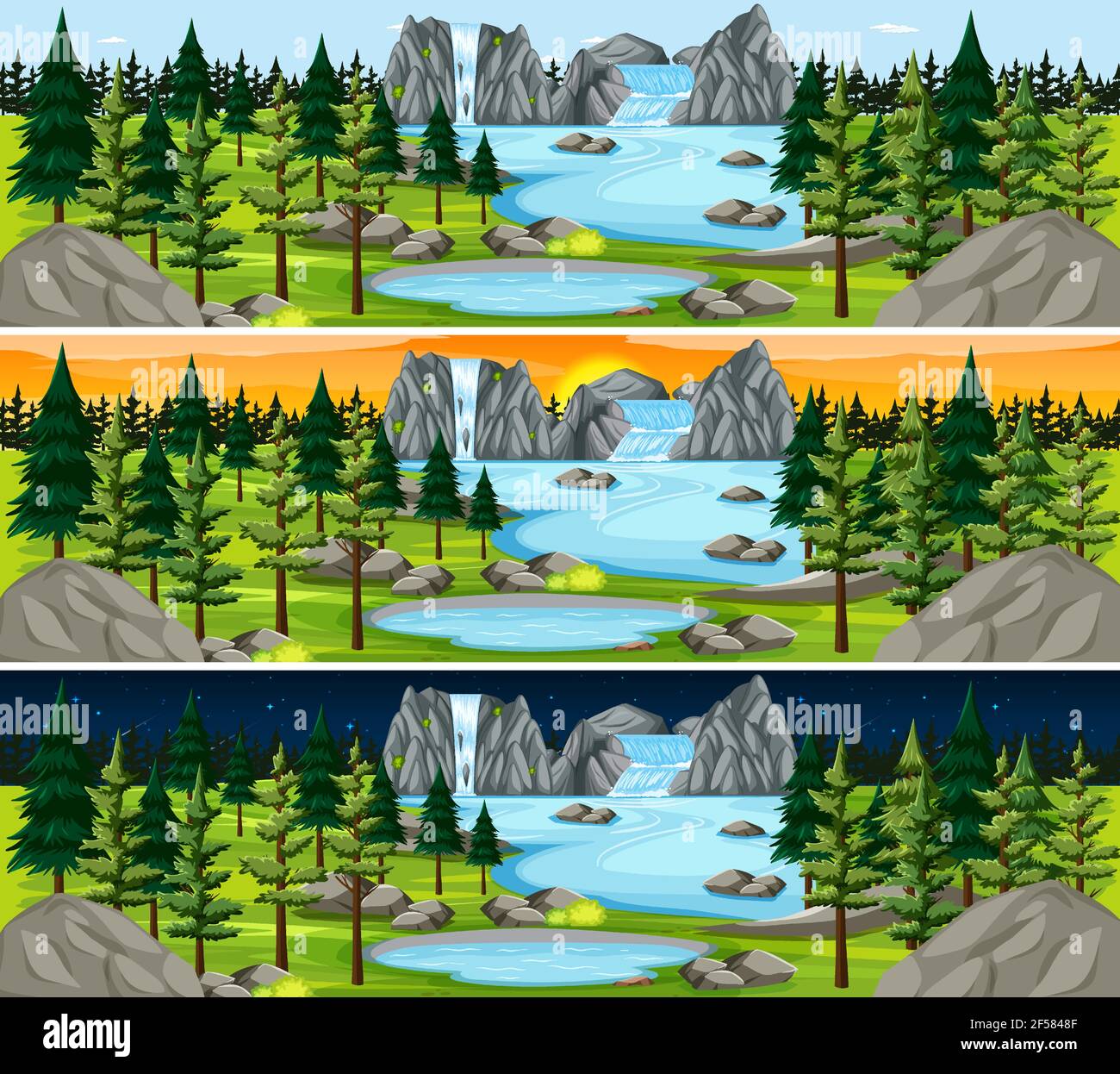 Nature landscape scene at different times of day illustration Stock ...