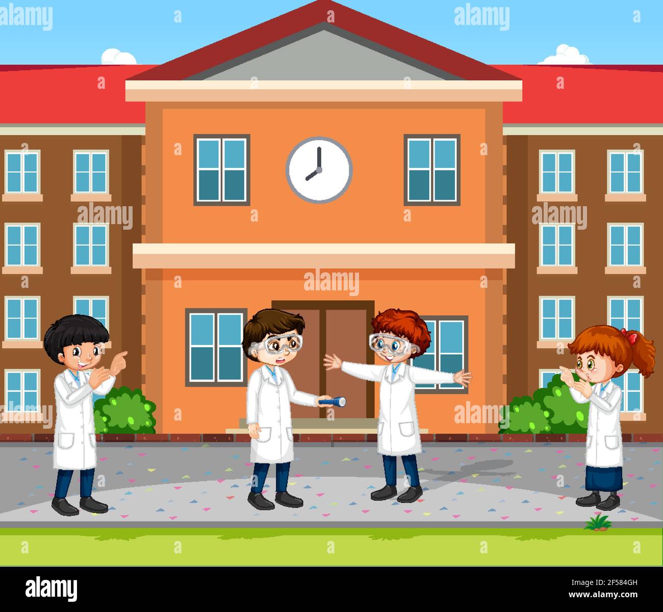 Outdoor scene with scientist doing shadow experiment illustration Stock ...