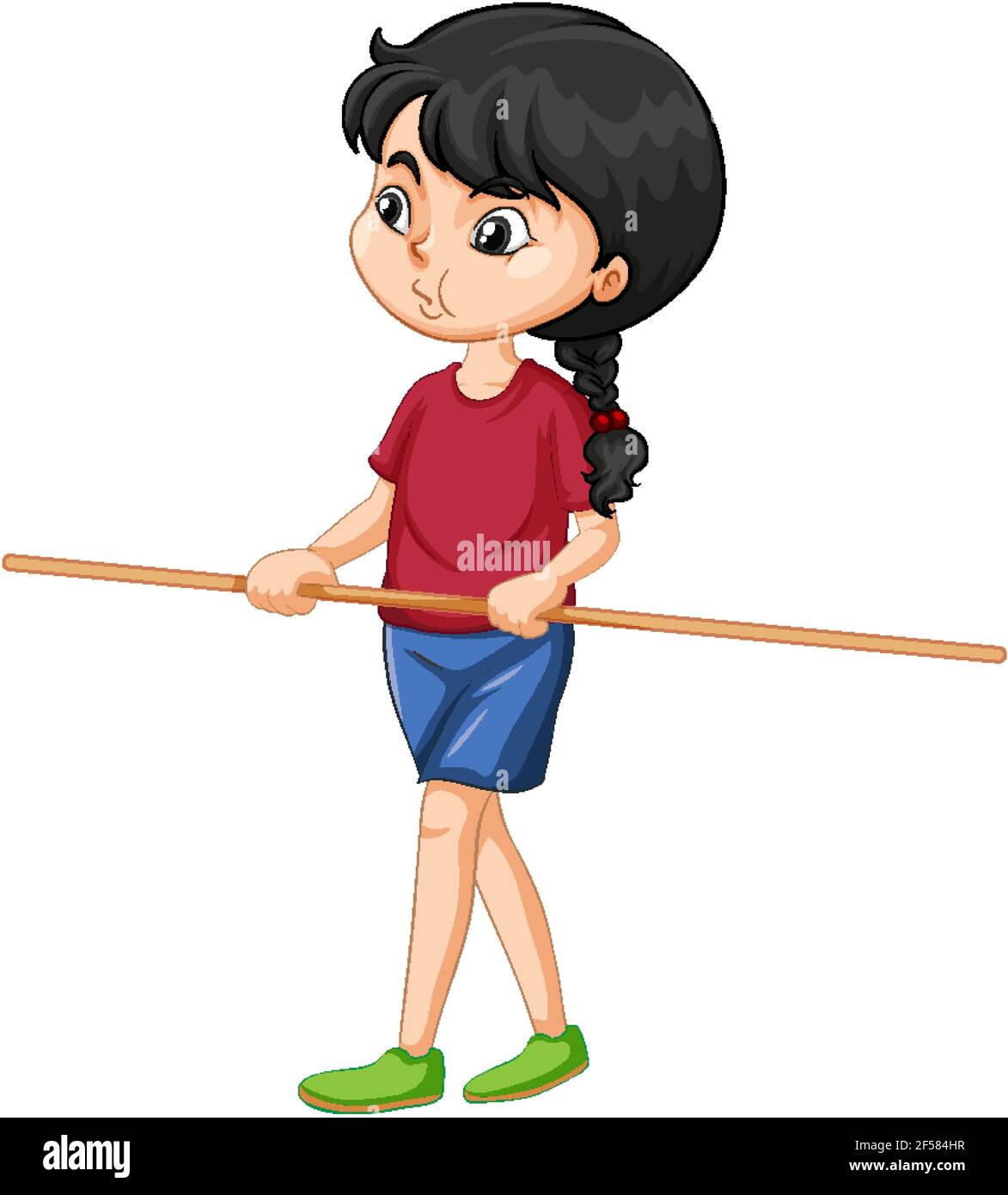 Cute girl standing and holding wooden handle illustration Stock Vector ...