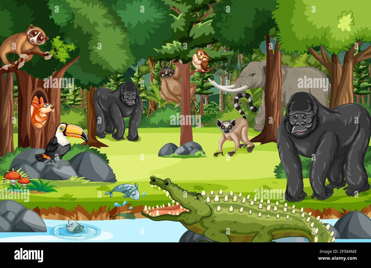 Wild animal cartoon character in the forest scene illustration Stock ...