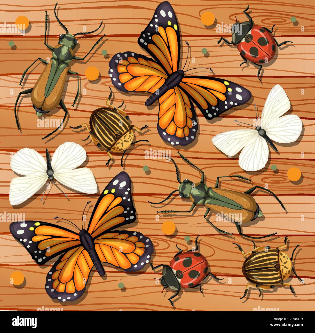 Set of different insects on wooden wallpaper background illustration ...