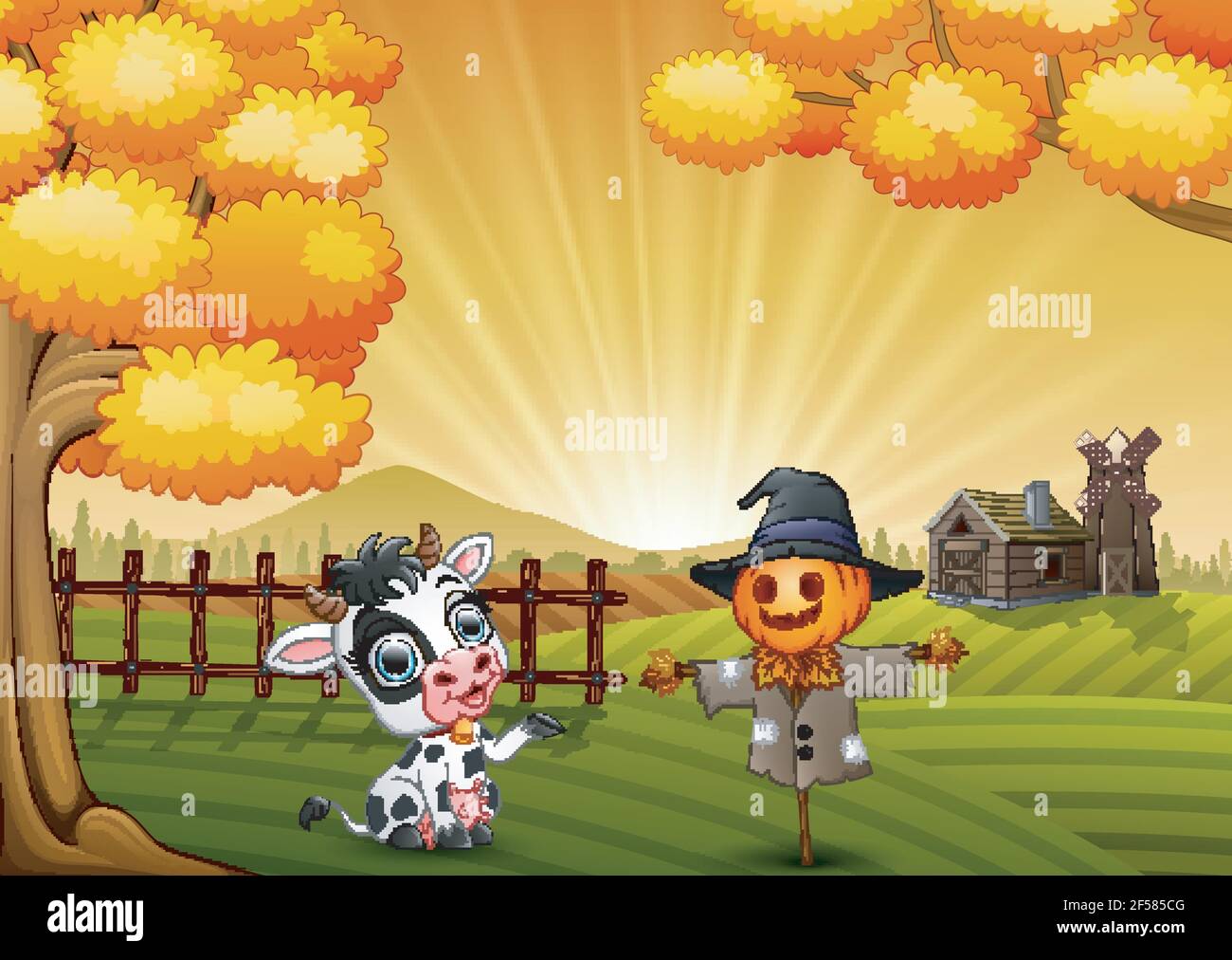 Cartoon cow with halloween scarecrow in the farm background Stock ...