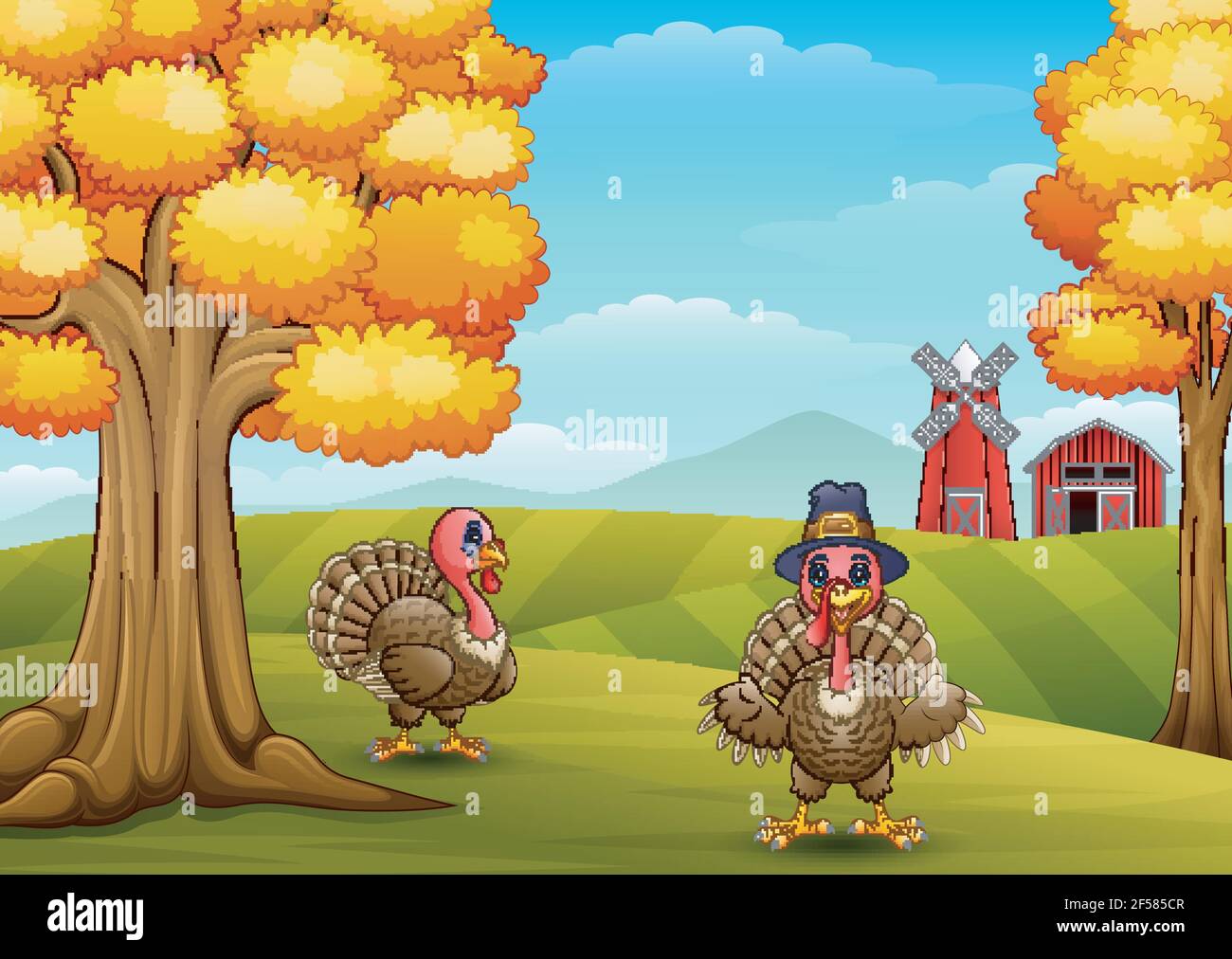 Vector illustration of Two funny turkeys in farm background Stock ...