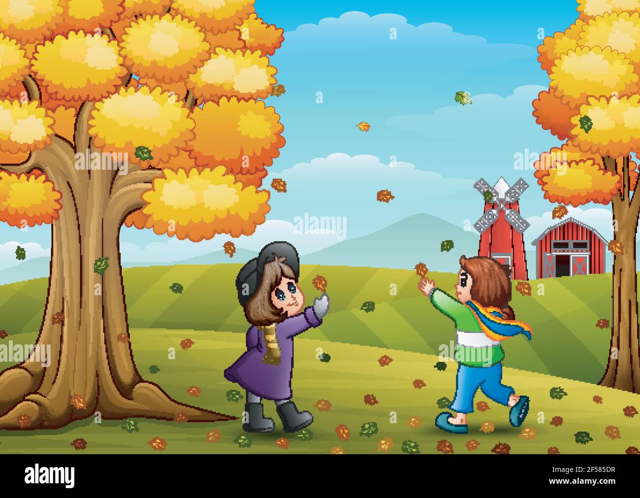 Cute two kids playing with autumn leaves Stock Vector Image & Art - Alamy
