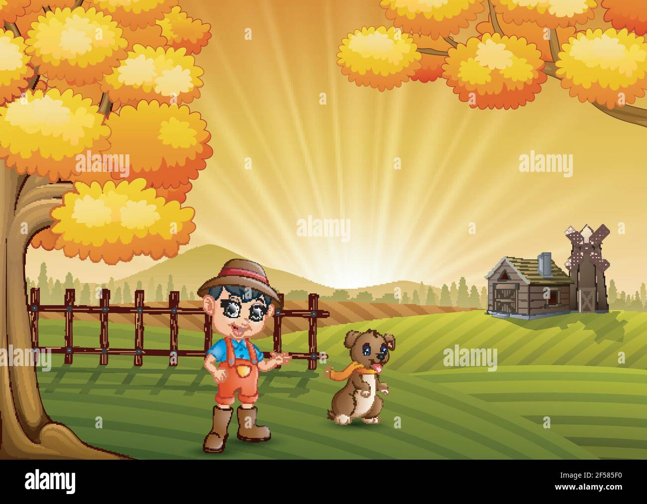 Vector illustration of Cartoon little farmer with his dog in the farm ...