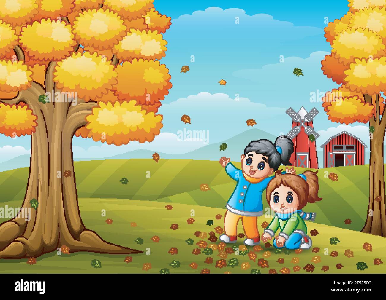 Vector illustration of Happy kids playing with autumn leaves Stock ...