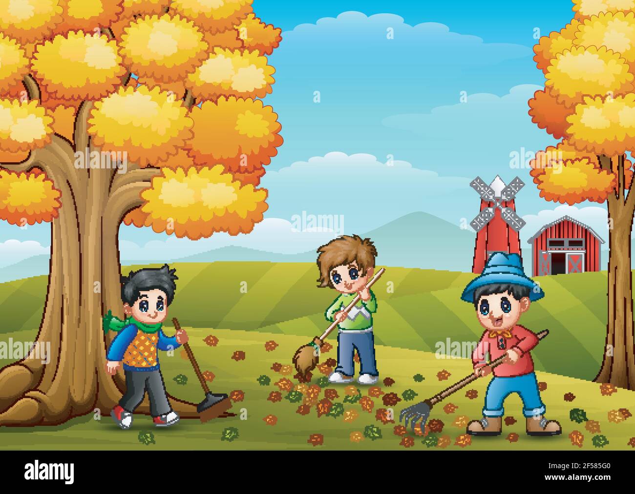 Vector illustration of Children raking leaves in the farmyard during ...