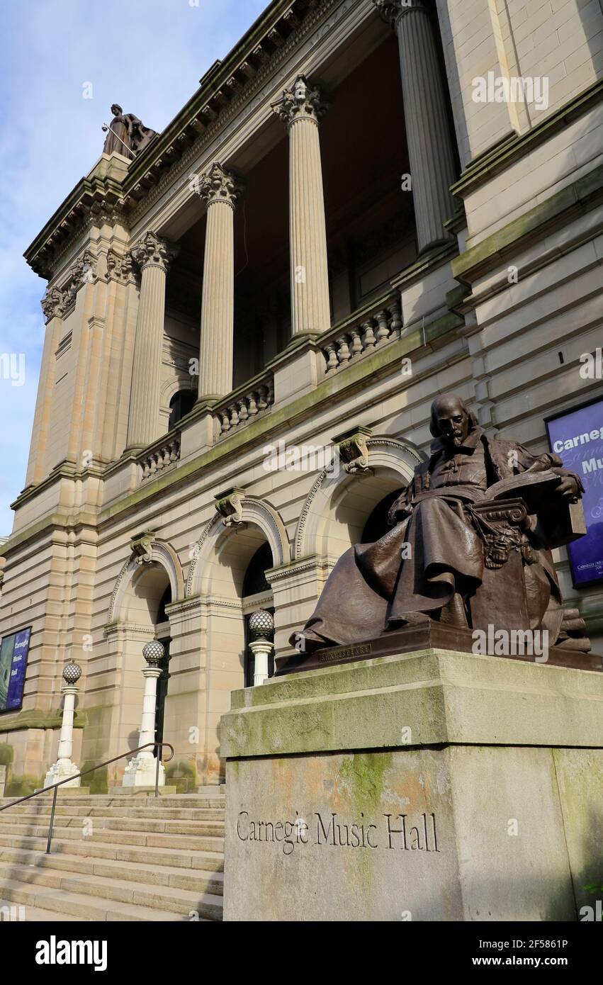Carnegie Music Hall. Carnegie Museum with Shakespeare's statue in front ...