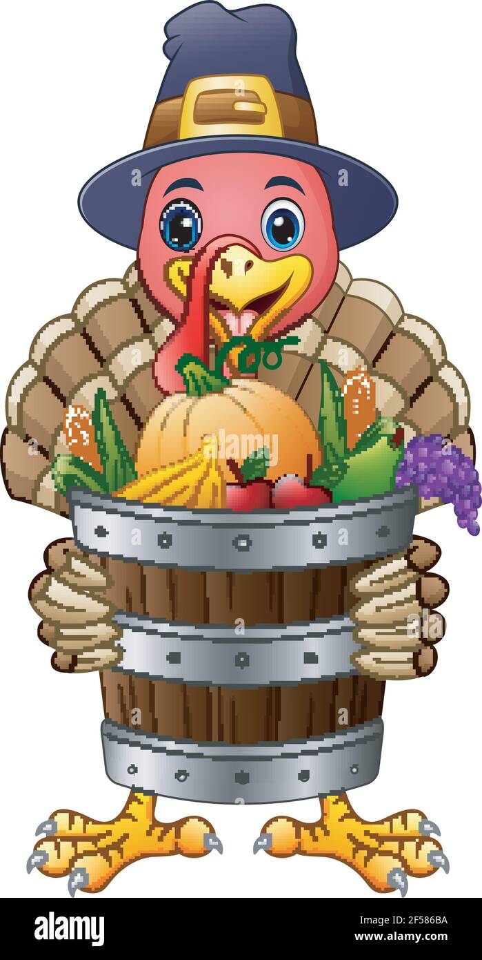 Cartoon turkey with basket full of fruits and vegetables Stock Vector ...