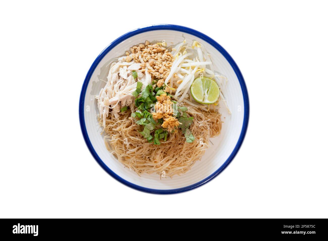 Dry chicken noodle in white plate on isolated white background. Top ...