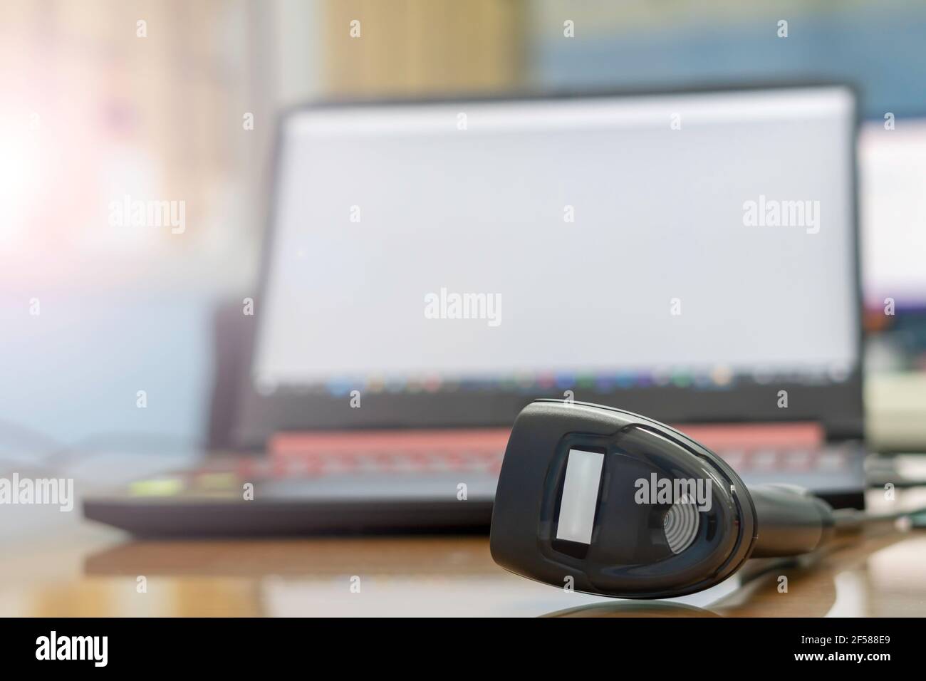 Man hold scanner and scan for reading barcode for transfer data to ...