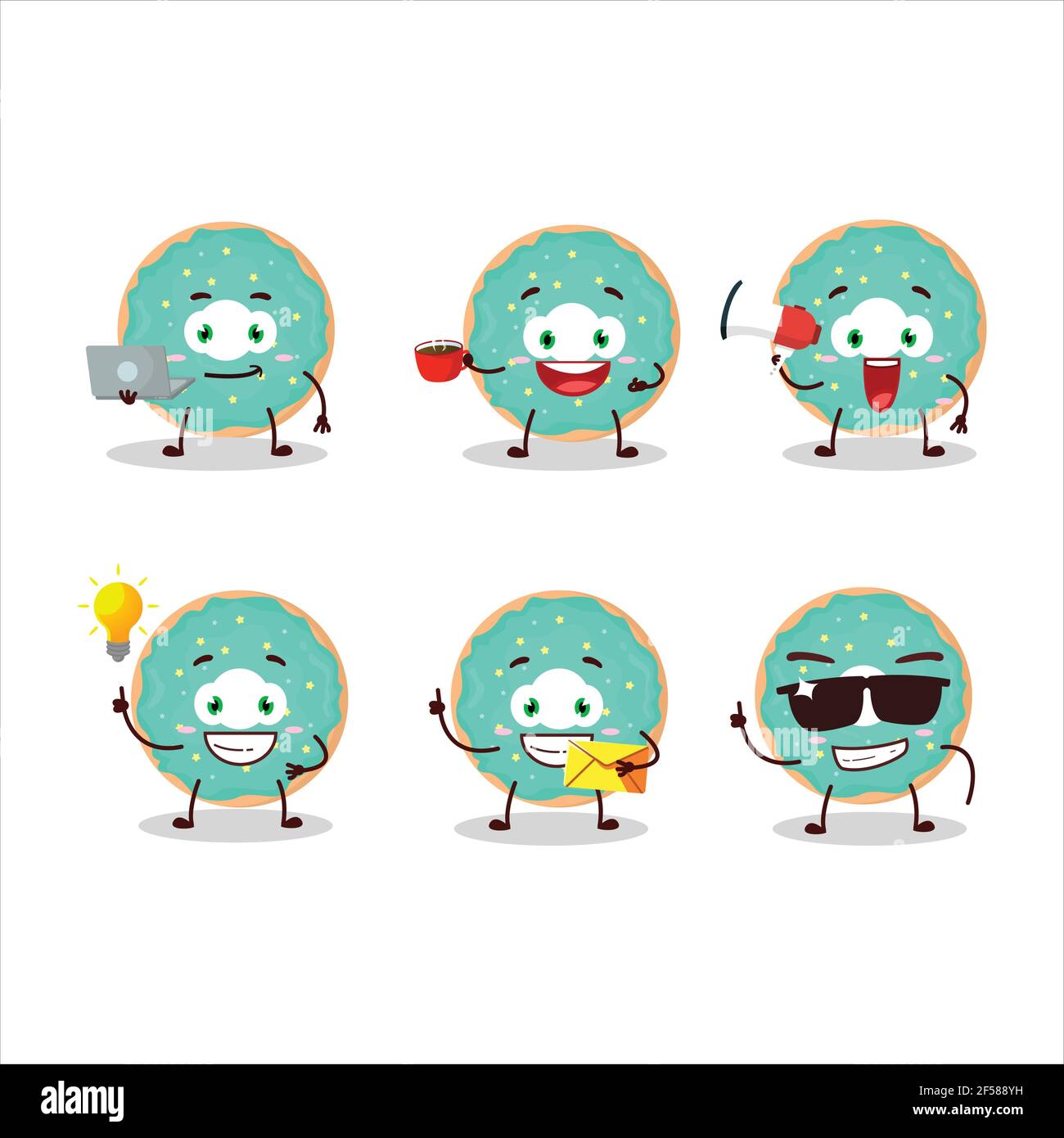 Vanilla blue donut cartoon character with various types of business ...