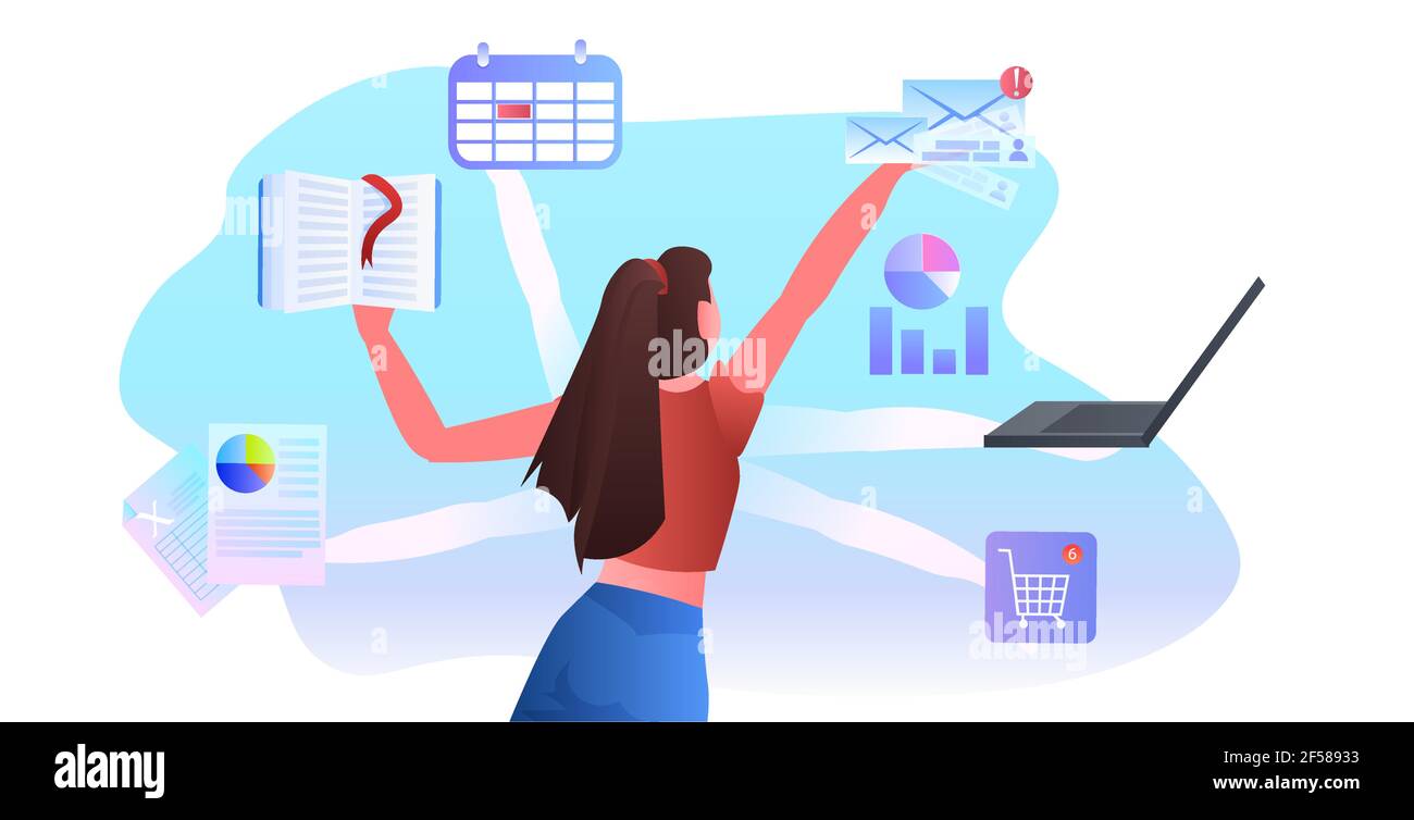 businesswoman doing many tasks time management multitasking data ...