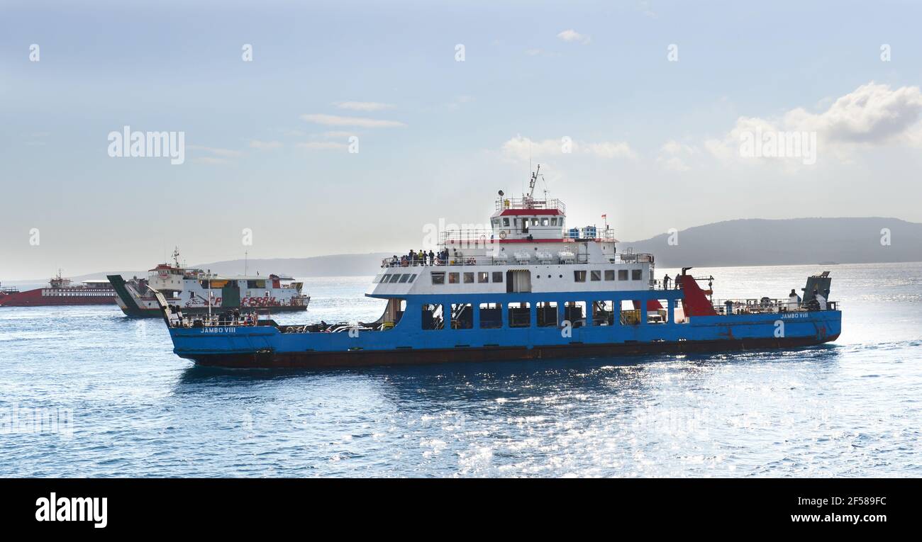 Ships crossing the Bali strait between the islands of Bali and Java in ...
