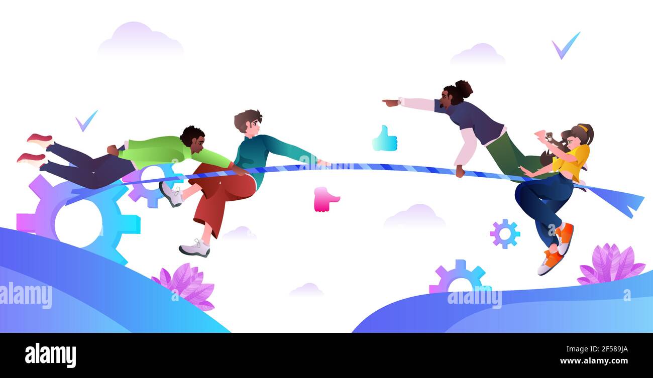 mix race people playing tag of war friends pulling rope competition ...