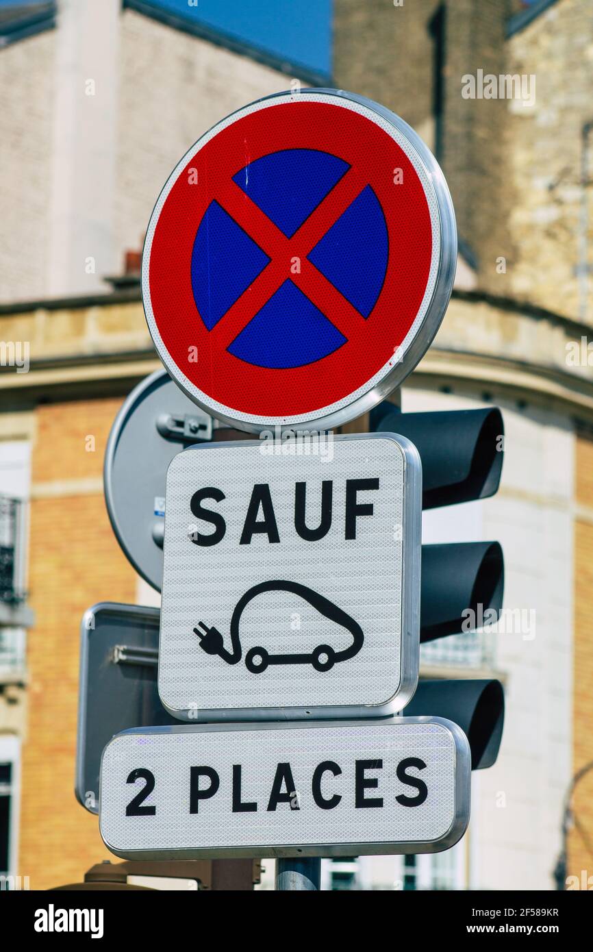 Reims France March 23, 2021 Street sign or road sign, erected at the ...