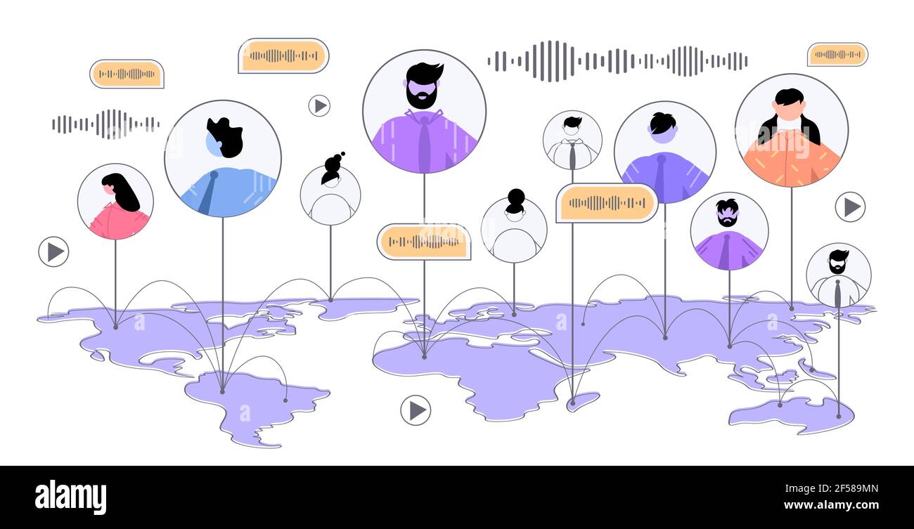 people on world map communicating by voice messages audio chat ...