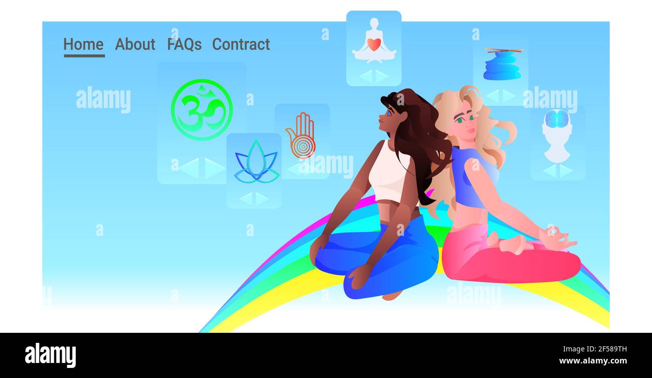 women sitting lotus pose mix race girls doing yoga exercises healthy ...