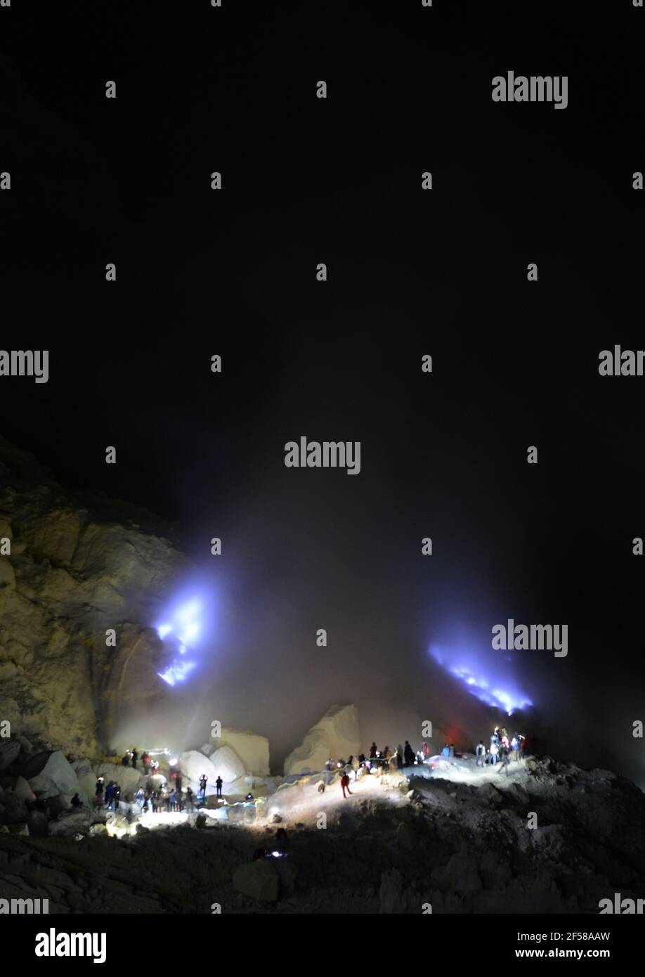 The Blue fire rising up from the Ijen Volcano crater in Eastern Java ...