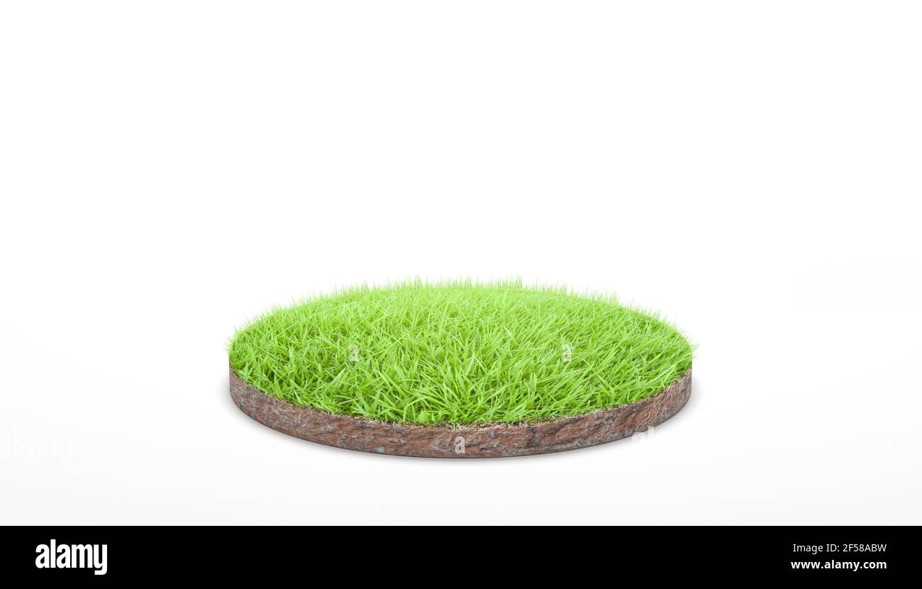 3d rendering. Round soil ground cross section with green grass on white ...