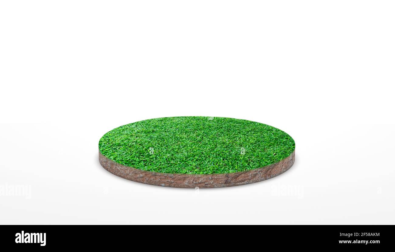 3d rendering. Round soil ground cross section with green grass on white ...