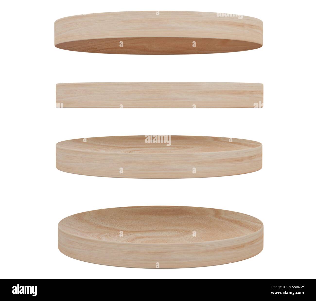 3D render. Set of wood circle shelf isolated on white background ...