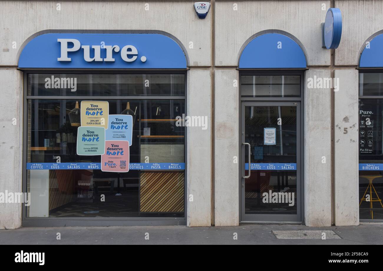 Pure health food, coffee shop seen on Philpot Lane, in City of London ...