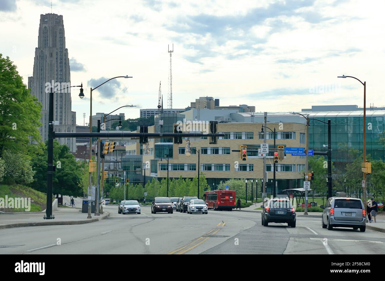 Street scene of Oakland neighborhood with Cathedral of Learning ...